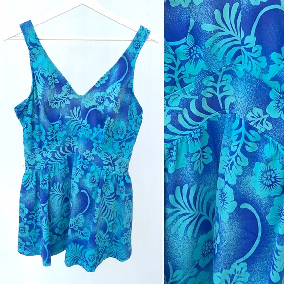 Vintage | Swim | Vintage 8s Blue Tropical Floral Hawaiian One Piece ...